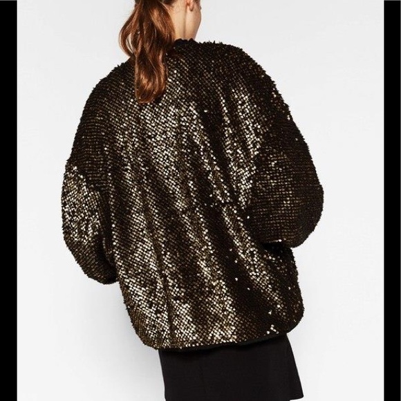Zara | Jackets & Coats | Zara Fleecy Black Gold Sequined Bomber Jacket ...